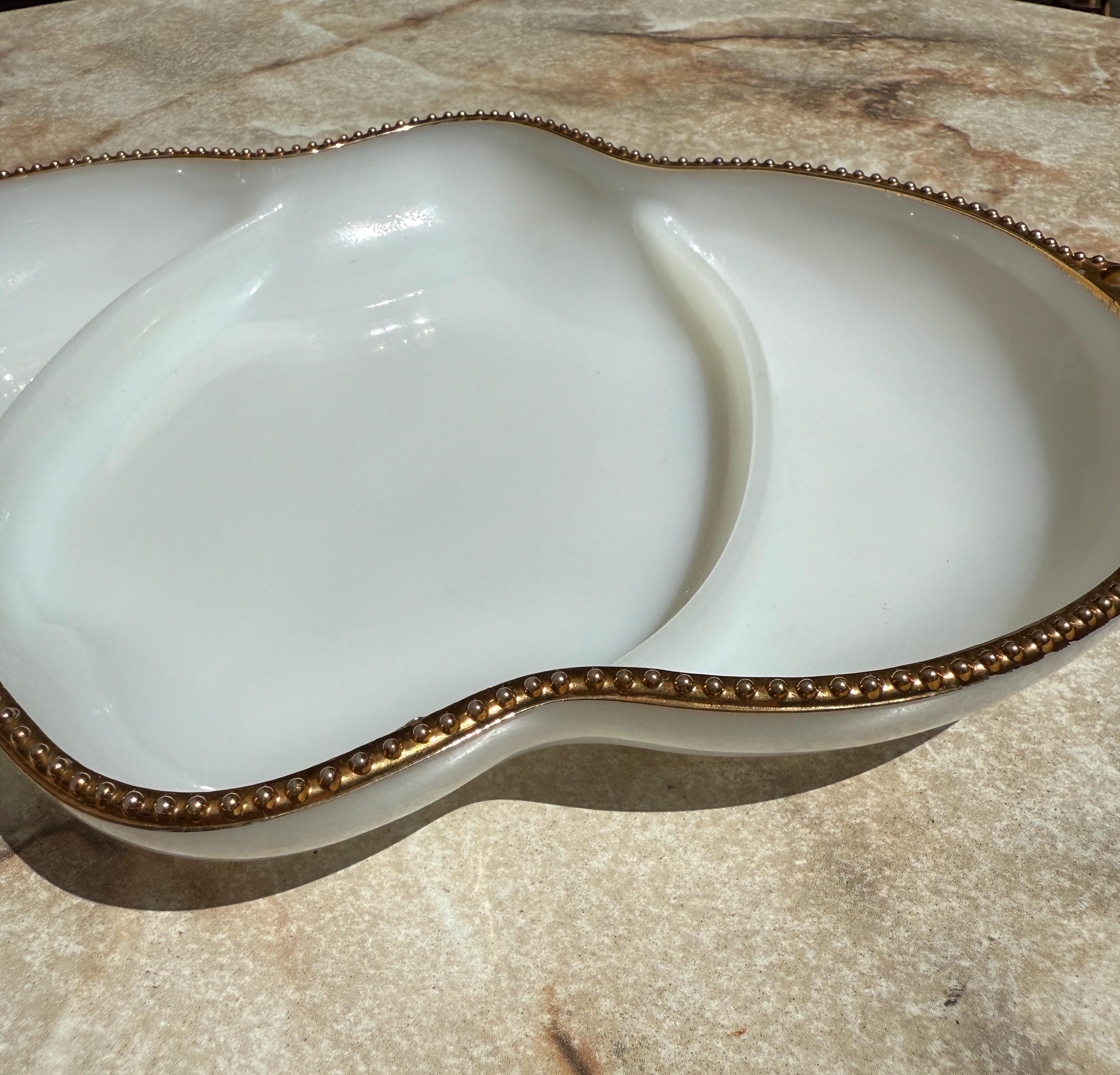 Fire King Milk Glass Divided Dish – Gold Rim, 11” Vintage Anchor ...