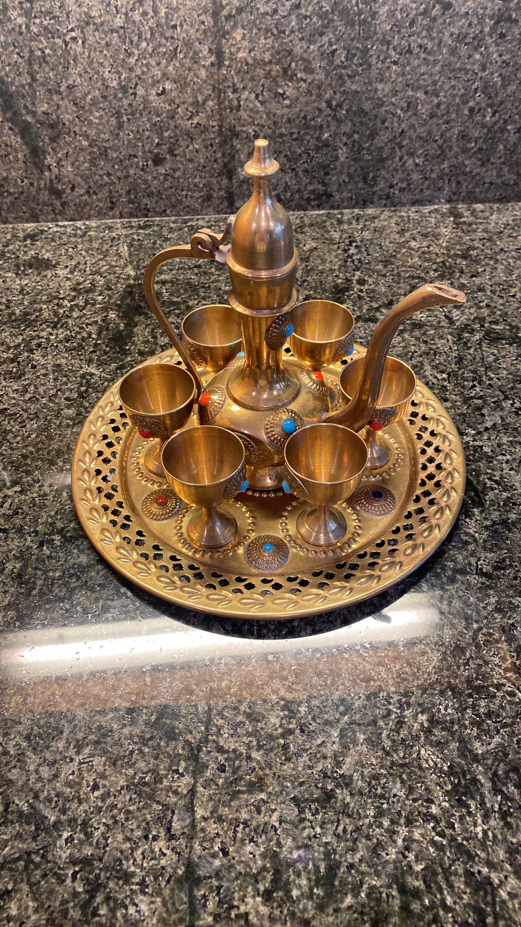 Vintage Small Brass Middle Eastern Coffee/tea Set With Turquoise ...