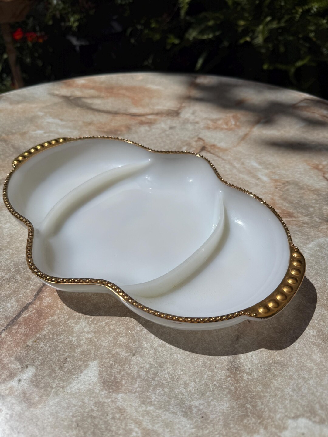 Fire King Milk Glass Divided Dish – Gold Rim, 11” Vintage Anchor ...