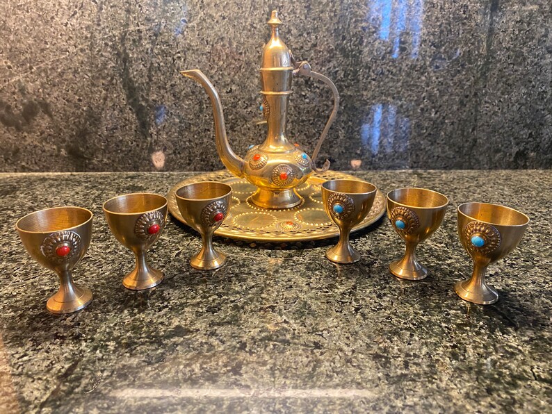 Vintage Small Brass Middle Eastern Coffee/tea Set With Turquoise ...
