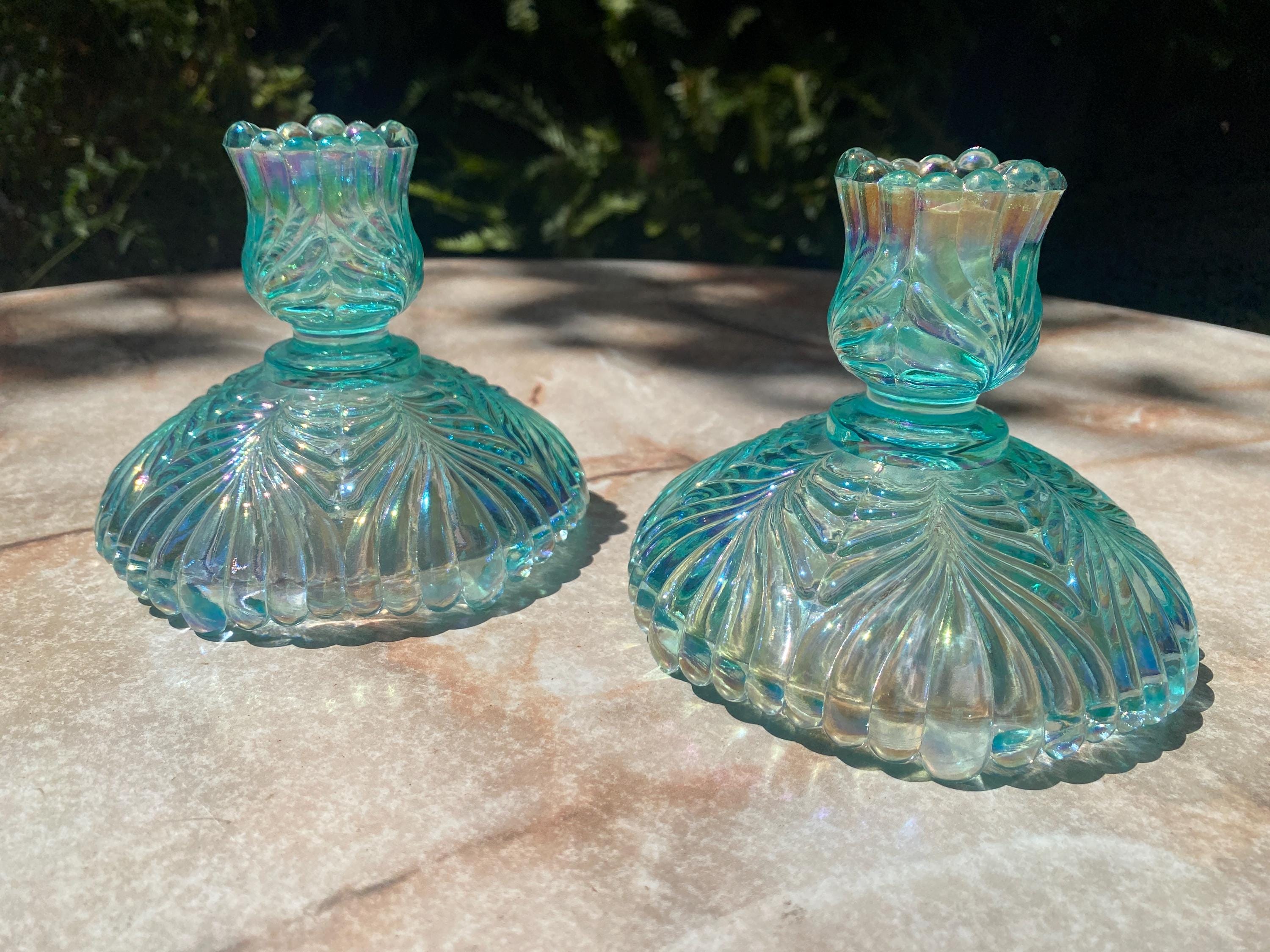 Fenton Ice Blue Carnival Glass Candlesticks Matching Bowl Iridescent Glassware Sold Separately ...