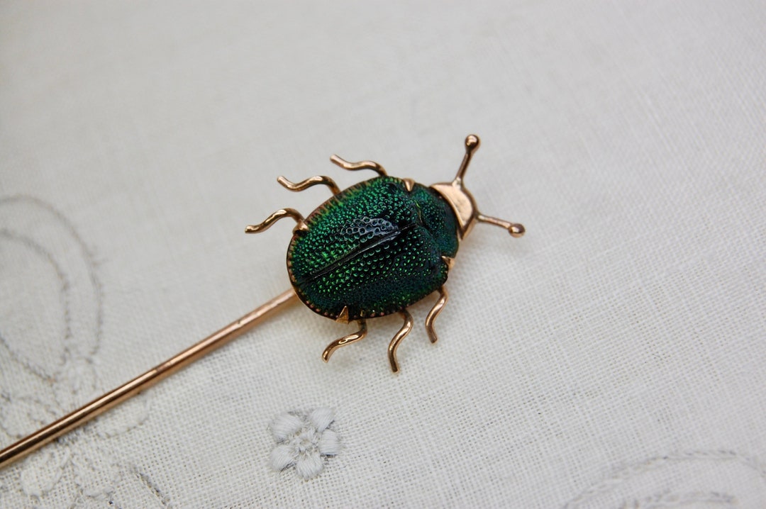 Antique 14k Rosy Gold Scarab Stick Pin: Iridescent Green Beetle ...