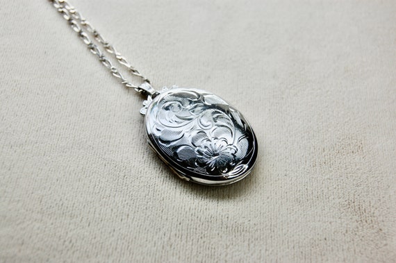 Birks Style Sterling Floral Locket, Hand Chased, Oval… - Gem