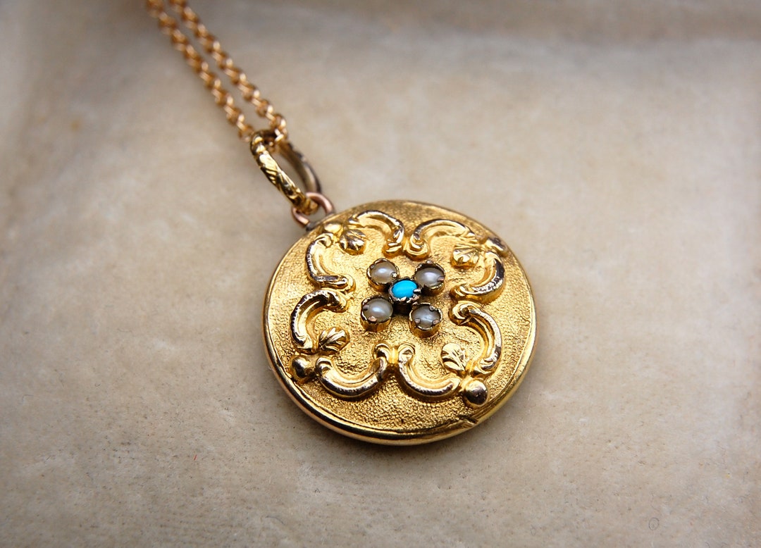 Georgian Mourning Locket: Turquoise Seed Pearl 14k Gilt Quatrefoil ...