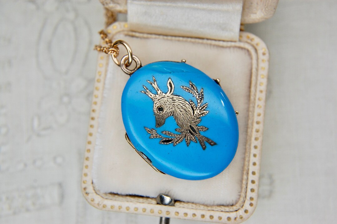 Robin's Egg Blue French Enamel Deer Locket, Wreath, Gold Over Silver ...