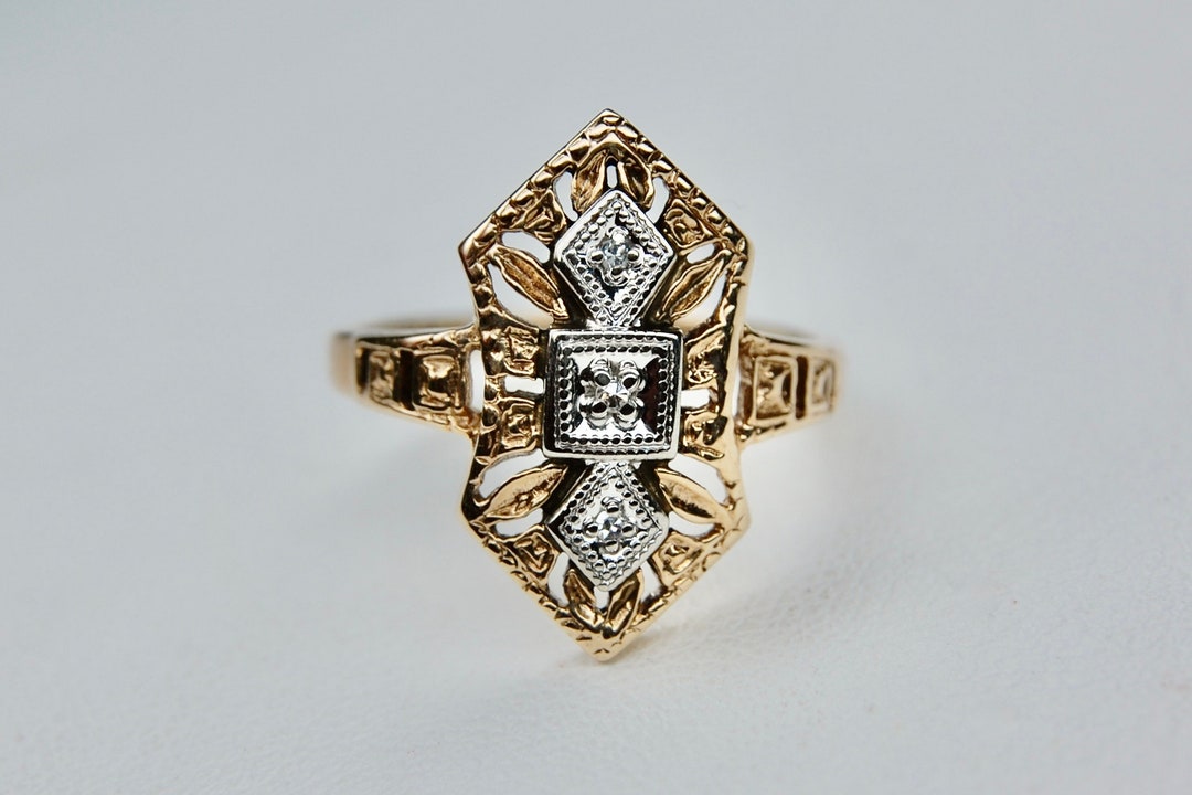 10K Art Deco Revival Diamond Filigree Shield Ring in Yellow Gold, 3 ...
