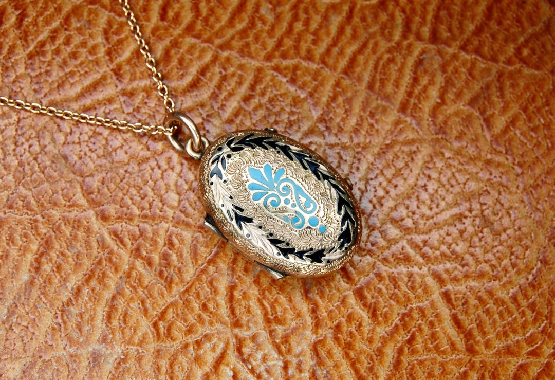Antique Lotus Enamel Locket: 10k Gold Gilt, Robin's Egg Blue, Victorian ...