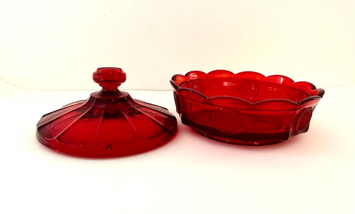 Vintage Fostoria Ruby Red Glass Candy Dish: Bicentennial Coin Pattern ...