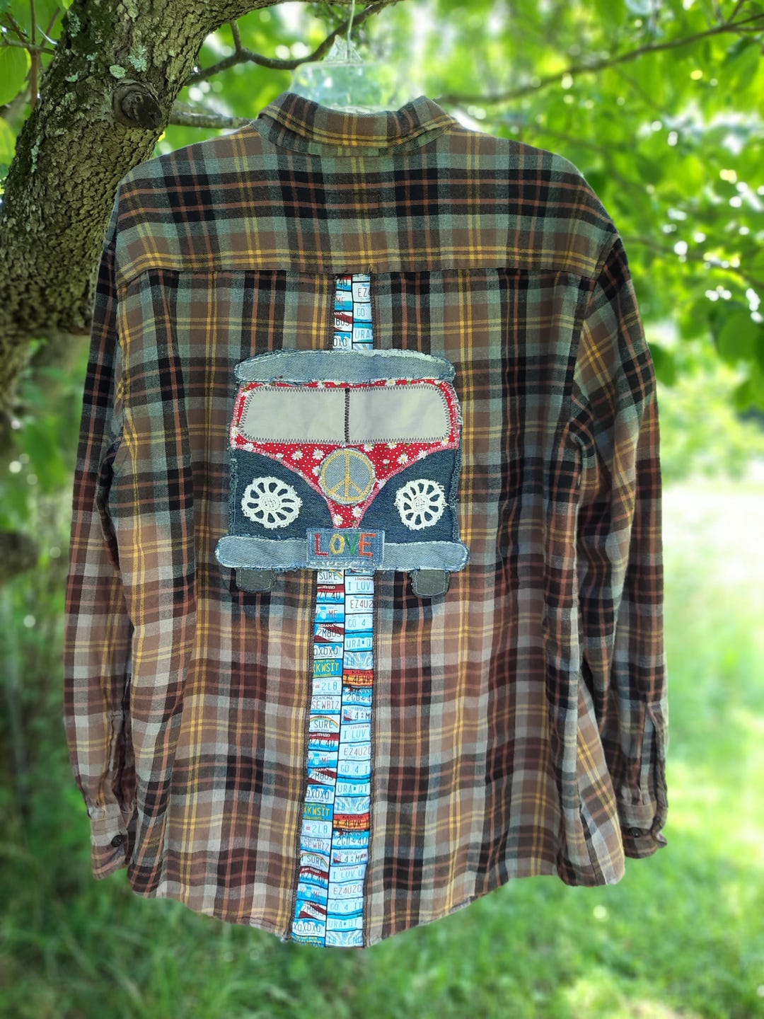 Upcycled Bleached Flannel Shirt VW BUS Travel Theme Size XL By: Bird - Etsy