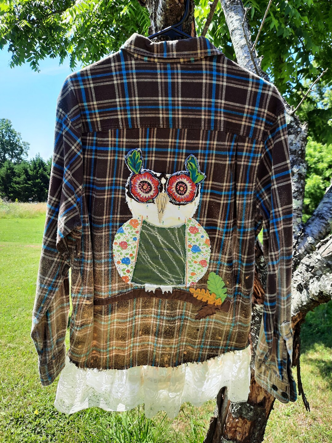 Upcycled Bleached Flannel Shirt Owl Vintage Fabric Ruffle Size L By ...