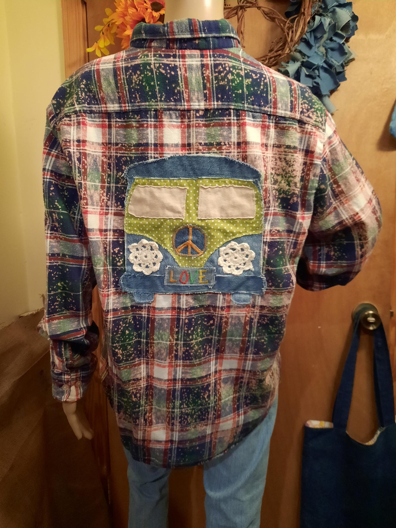 Upcycled Bleached Flannel Shirt VW BUS Size L By: Bird - Etsy