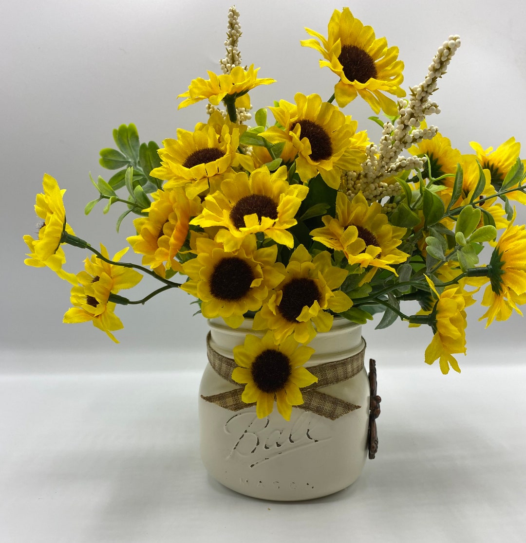 Mini Yellow Sunflowers With Dragonfly in Painted Mason Jar. Farmhouse ...