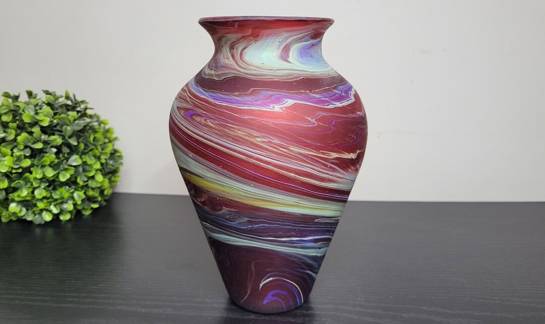 Fiery Red Handblown Phoenician Glass Vase Swirled Turquoise and Purple ...