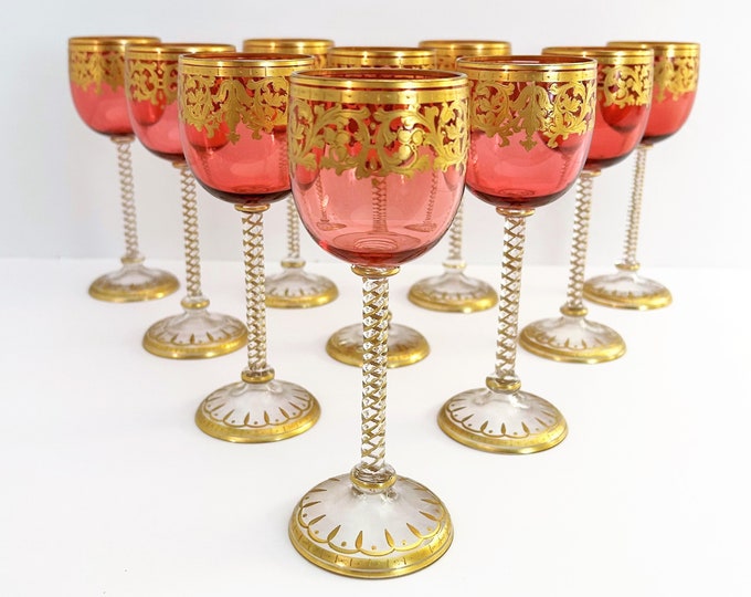 10 Moser Gold Encrusted Pink Crystal Hock Wine Glasses, Very Rare ...