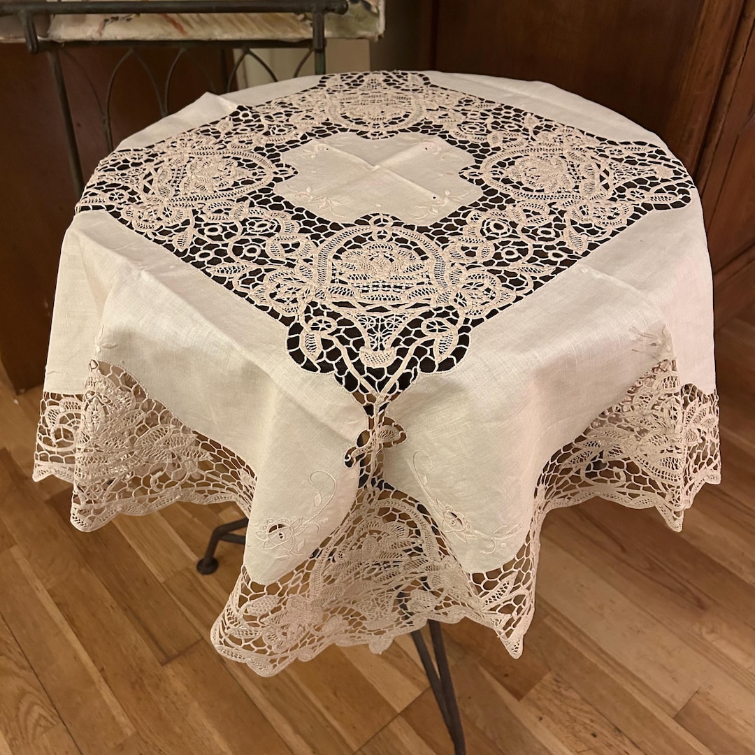 Ecru Battenburg Lace & Belgian Linen Square Tablecloth, C. 1980s, 34 ...