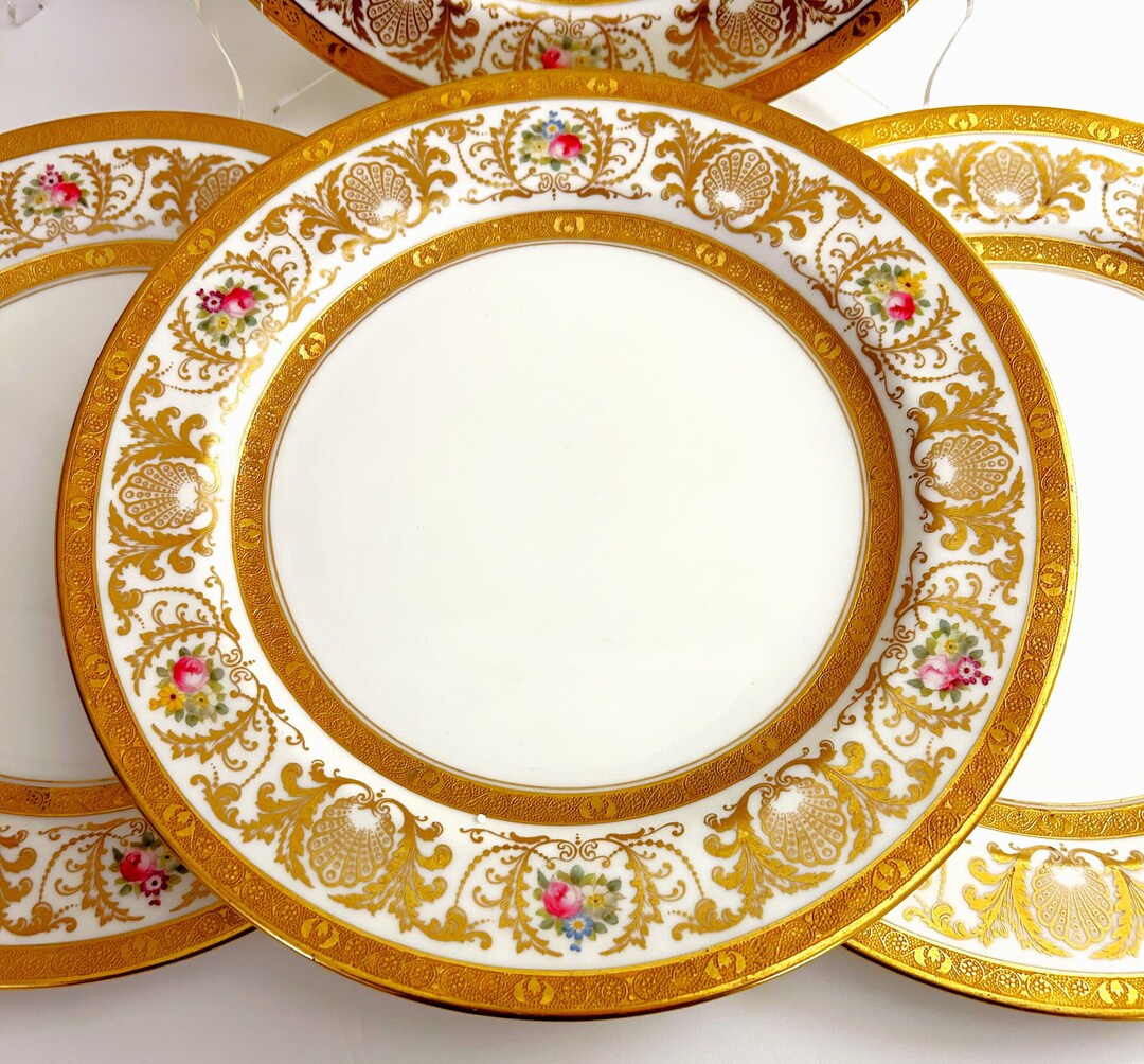 6 Cauldon Gold Encrusted Floral Dinner Plates, Set of 6, England, C ...