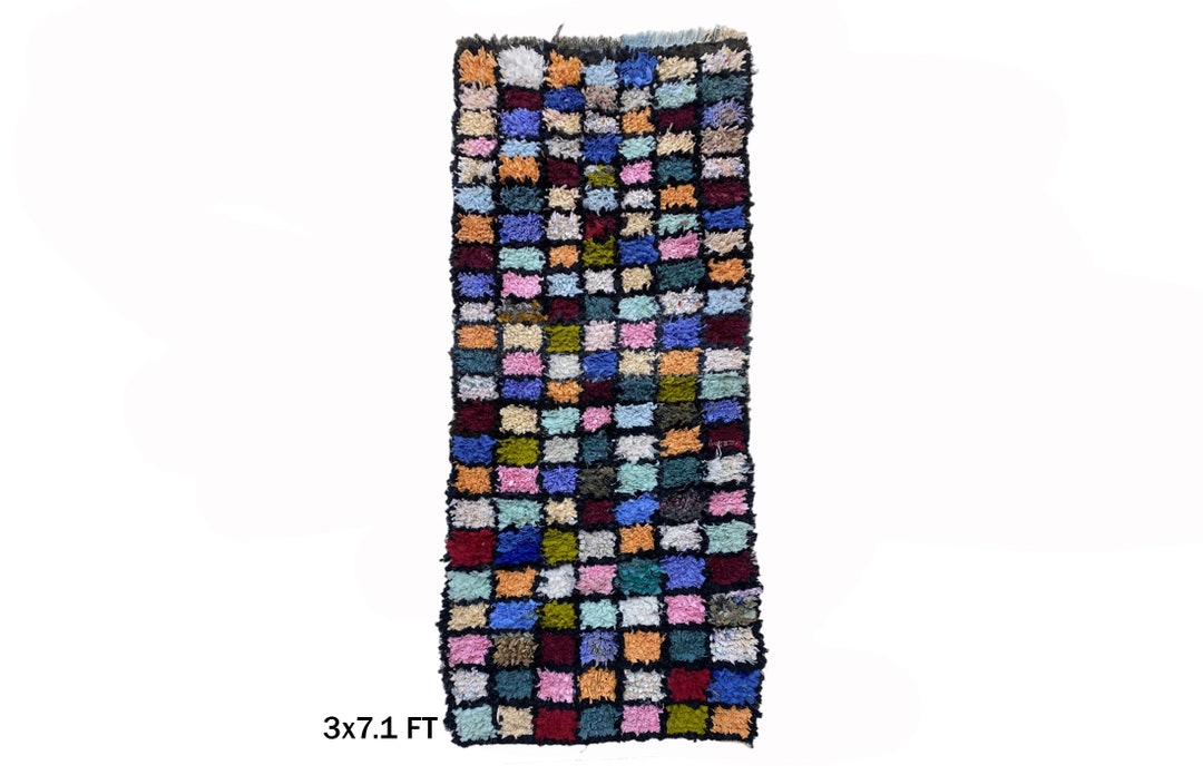 3x7 Boucherouite Vintage Moroccan Runner Rug, Colorful Grid Decor for ...