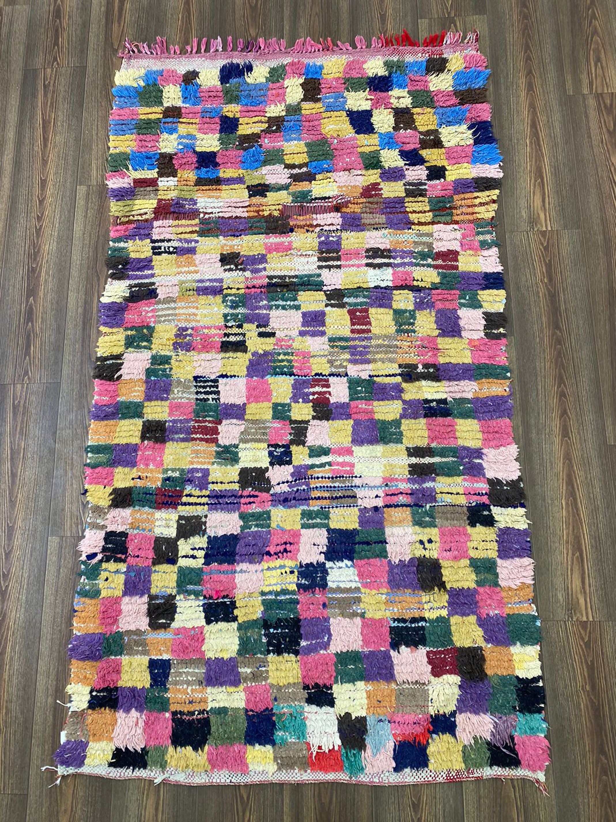 3x6 vintage Moroccan Checkered Area Rug.