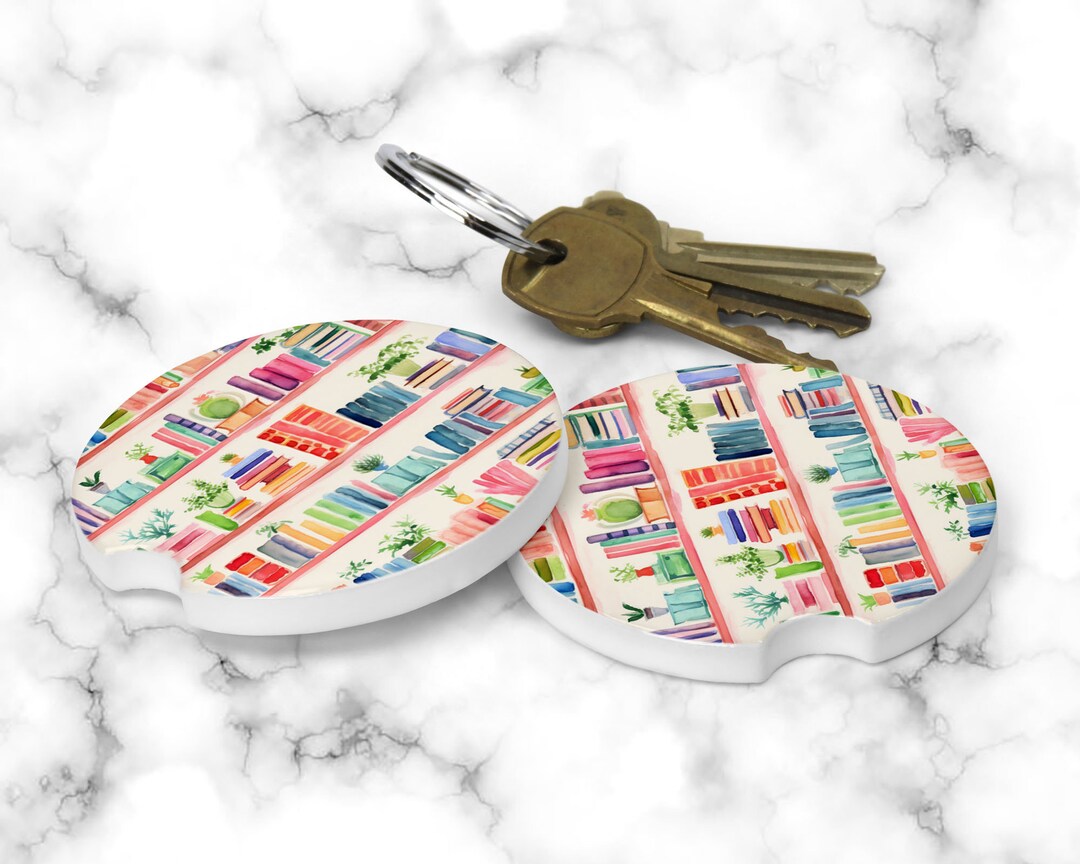 Watercolor Bookshelf Car Coasters - Book Lover Gift (set of 2) - Etsy