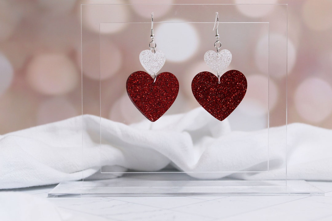 Stacked Glitter Heart Dangle Earrings - Red Heart Dangle Earrings ...