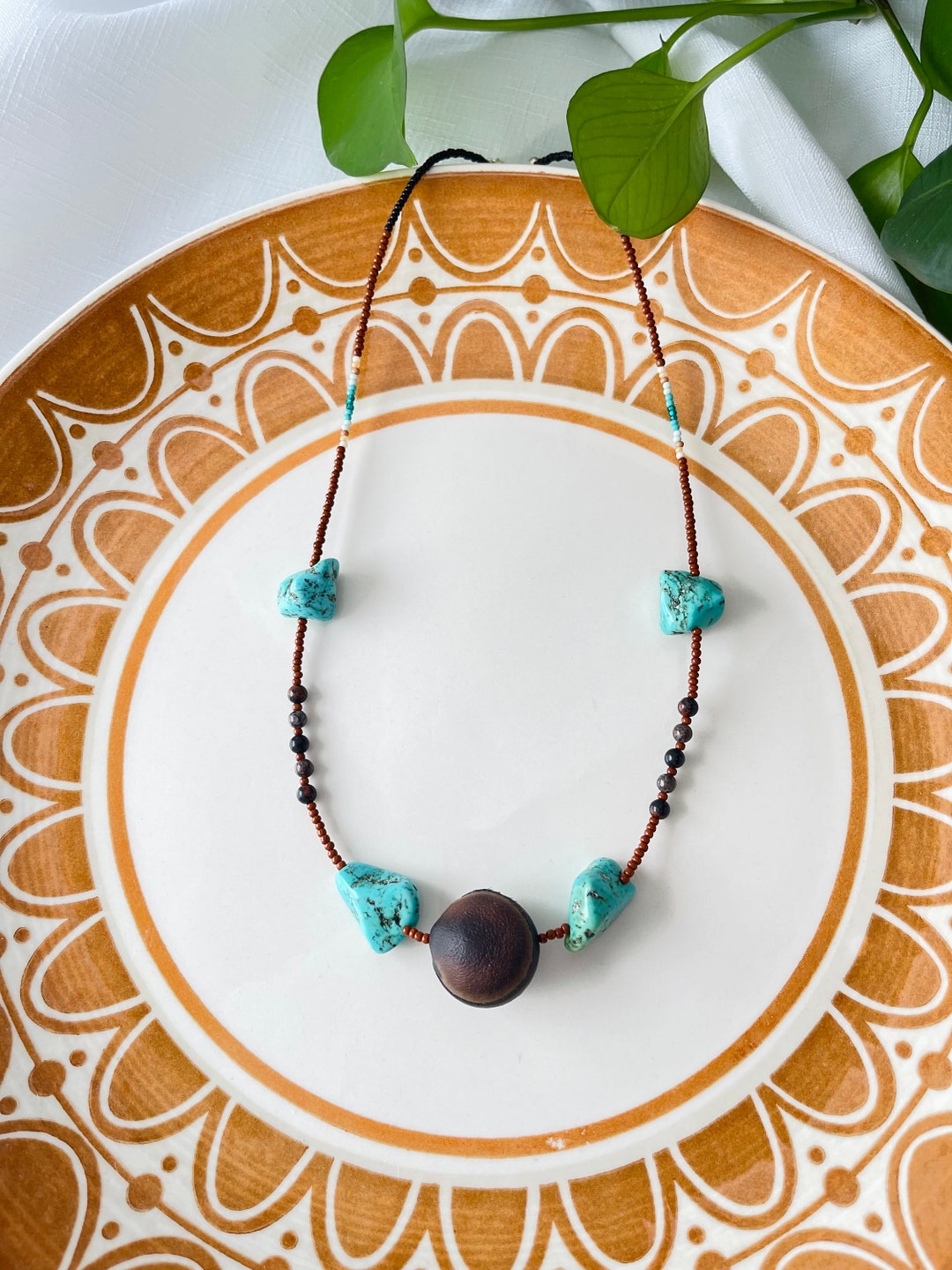 Ojo De Venado Turquoise Howlite and Obsidian Necklace, Beaded Aztec ...
