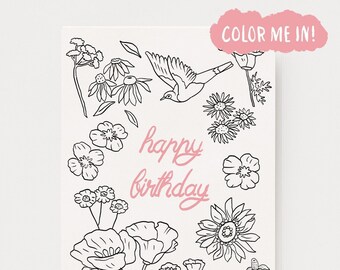Roses Coloring Card, Happy Birthday Coloring Card, Floral Coloring Card ...
