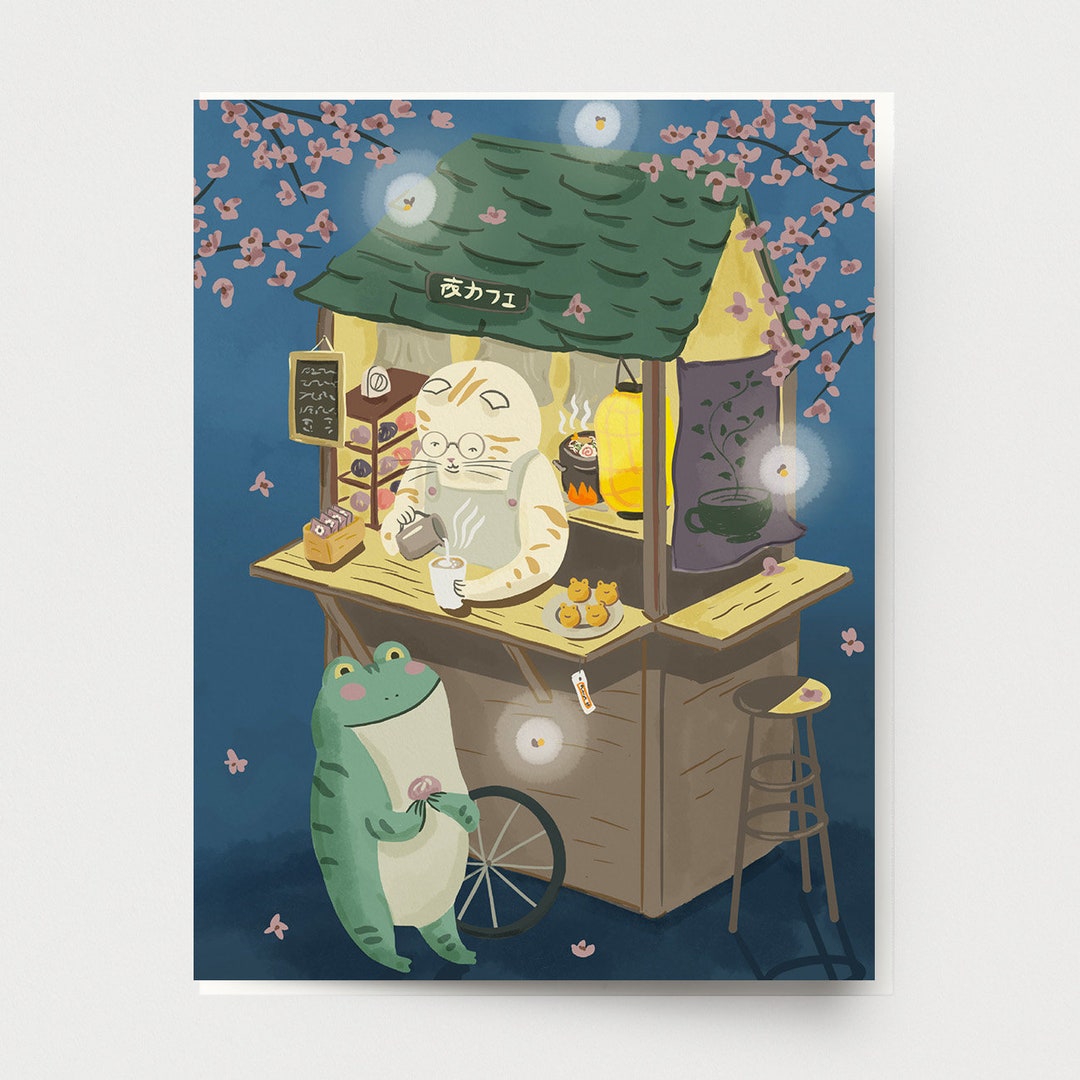 Night Cafe Card - Cat Lover Birthday, Coffee Shop Art, Ghibli Style ...
