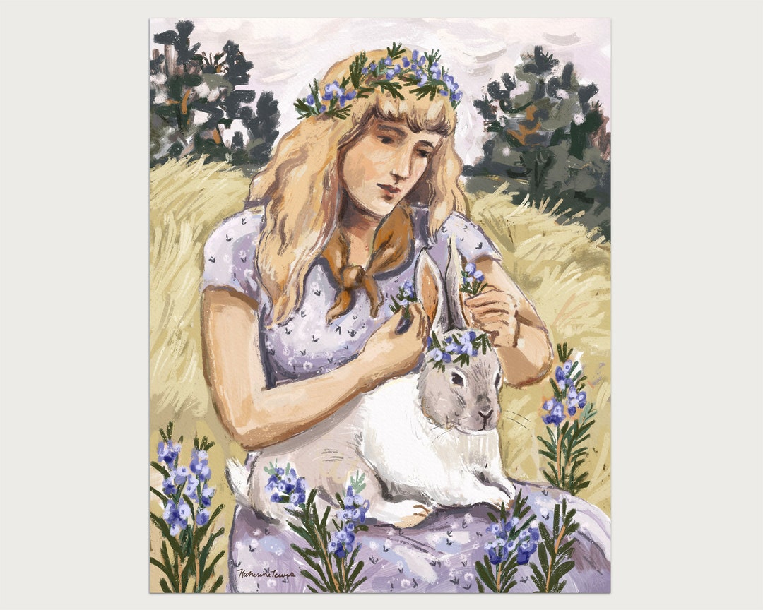 Woman and Rabbit Print 8x10 Nature Flowers Playful Painting, Figure ...