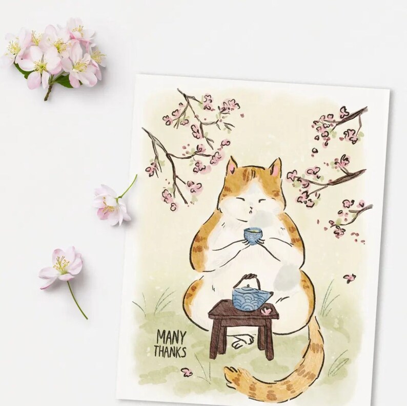 Thank You Cat Card Japanese Matcha Tea Ceremony Cherry - Etsy