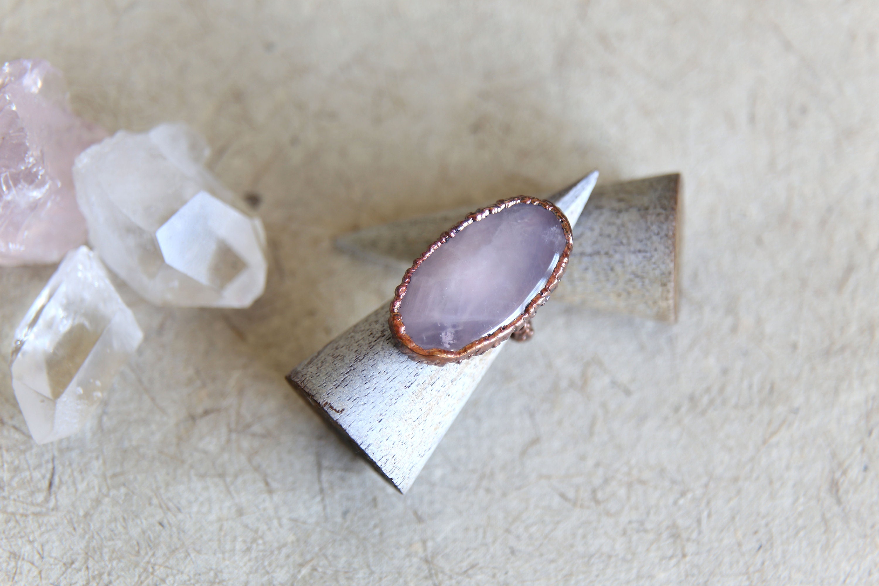 Rose Quartz Ring Copper Large Oval Gemstone Cocktail Ring | Etsy