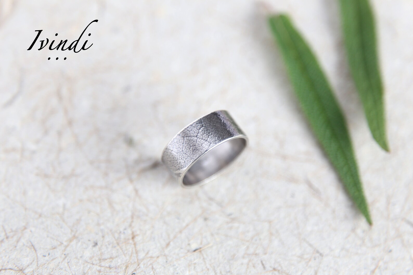 Leaf Print Band Ring Leaf Texture Ring Silver Organic Wide - Etsy