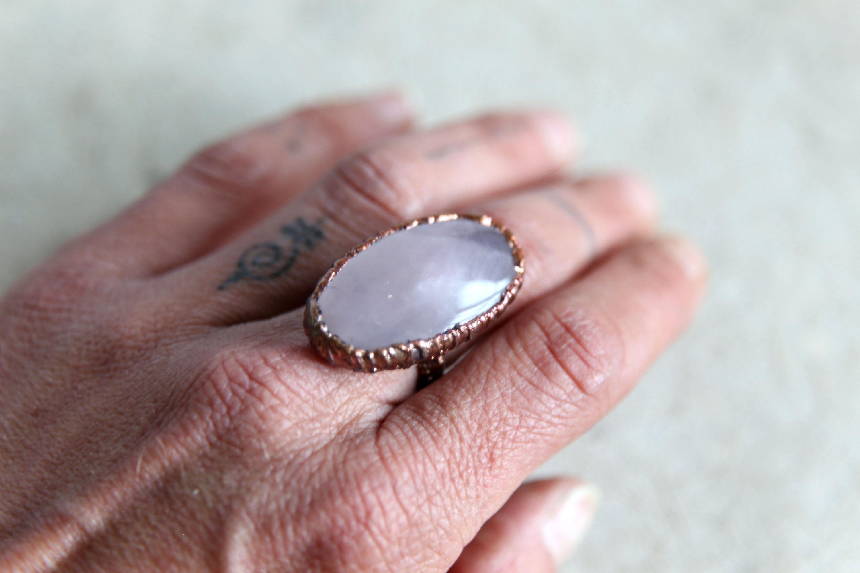 Rose Quartz Ring Copper Large Oval Gemstone Cocktail Ring | Etsy