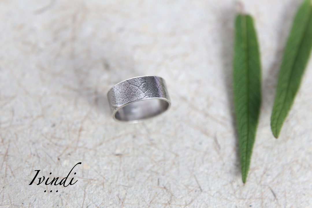 Leaf Print Band Ring, Leaf Texture Ring Silver, Organic Wide Band Ring ...