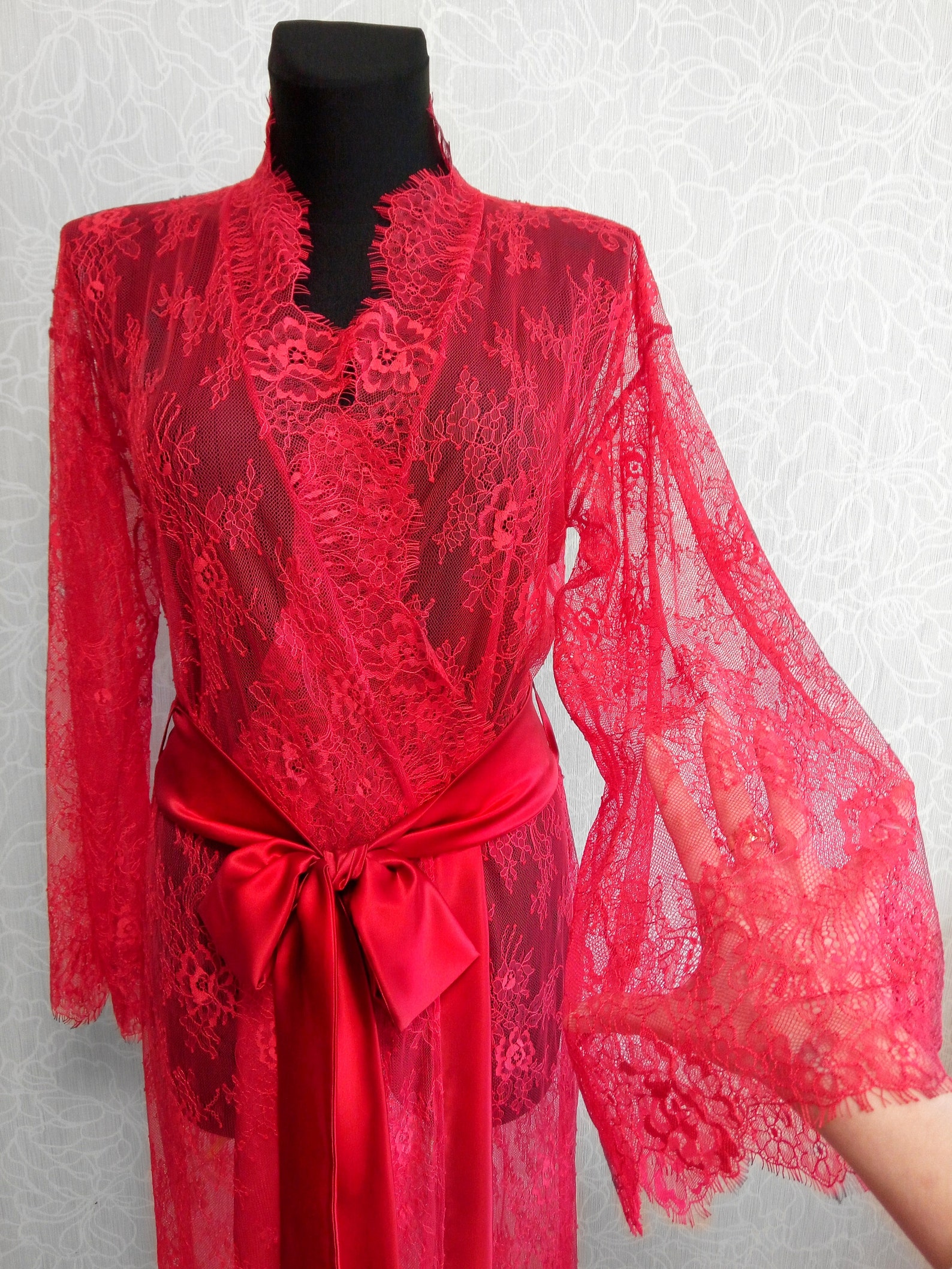 Maxi Lace Robe, Red Lace Robe, Erotic Lingerie, See Through Lingerie ...