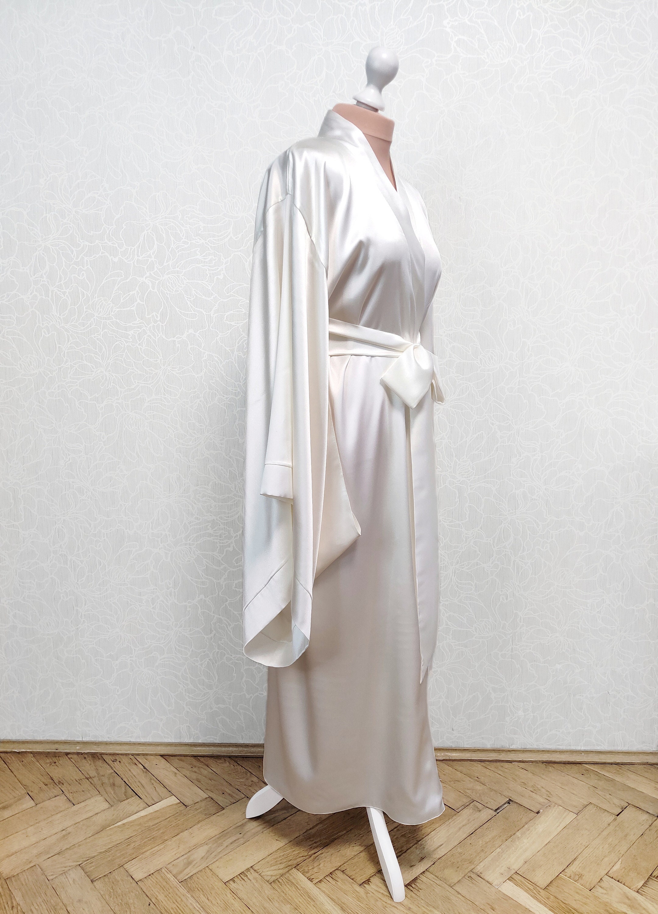 Long Satin Robe Floor Length Robe Lined Satin Silk Kimono Etsy