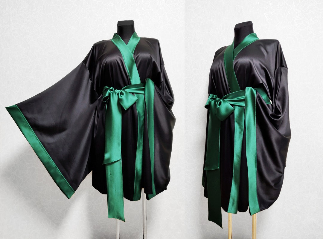 Black Kimono Robe Long Satin Robe Japanese Kimono Dress Mulberry
