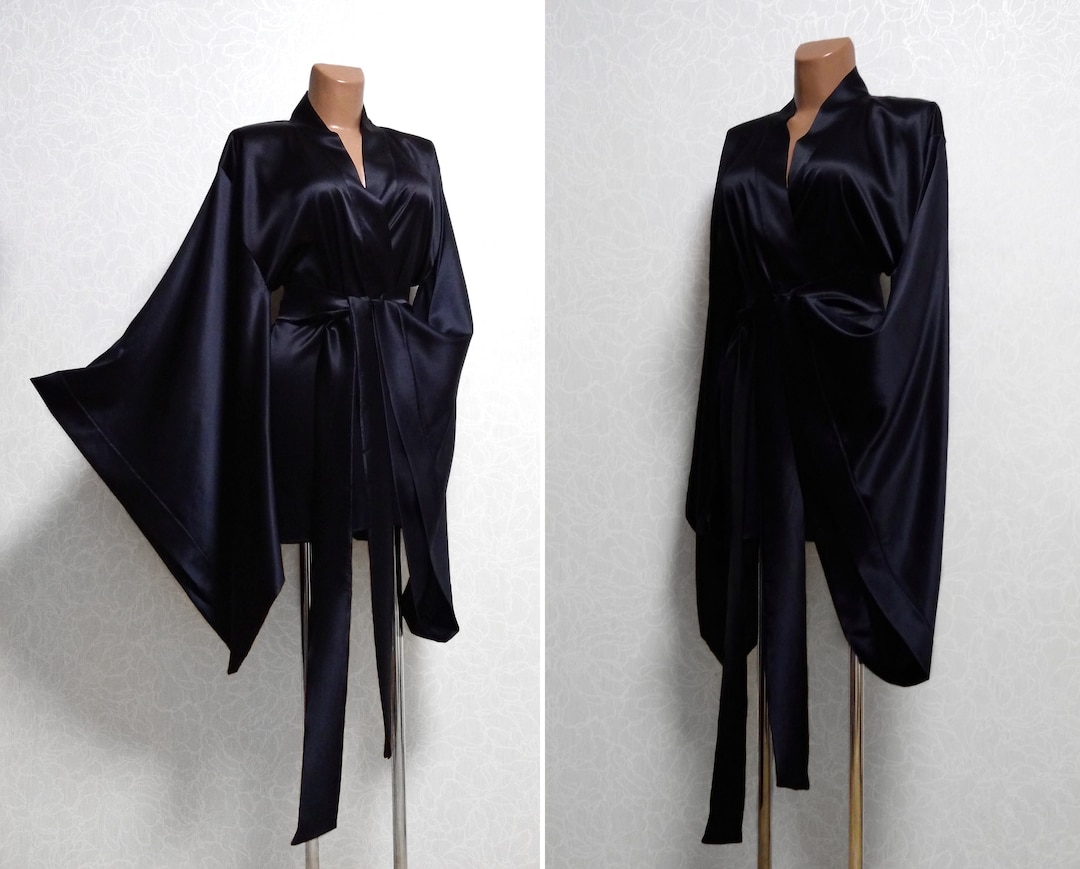 Short Kimono Robe Black Silk Robe Silk Kimono Robe Silk - Etsy