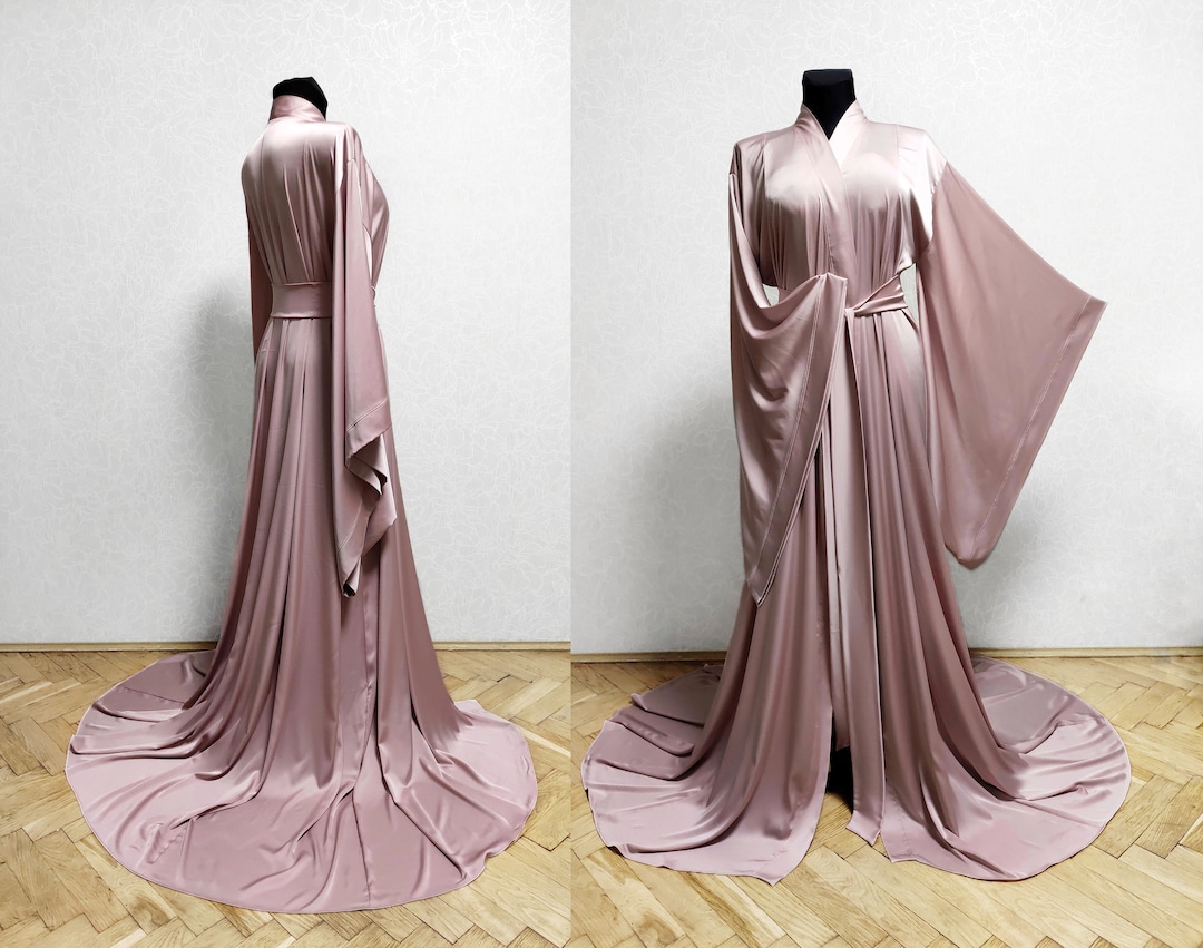 Long Satin Robe With Train, Floor Length Robe, Bride Robe for Wedding ...