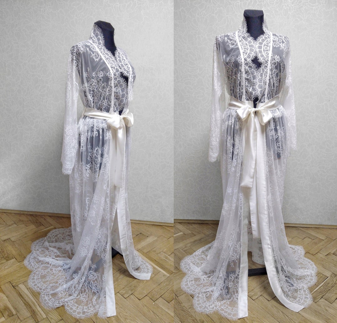 White sheer robe with train, White bridal robe long, see through ...