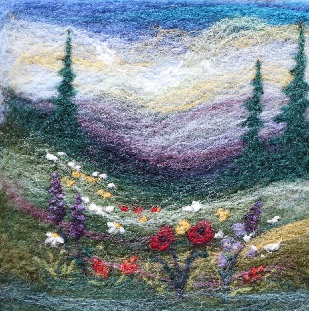Needle Felted Painting Pattern Wildflower Landscape Needle Felt 2D Picture Painting With Wool ...
