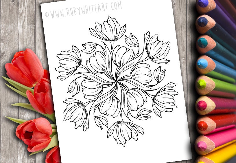 Tulip Mandala colouring Adult Coloring Books / Pages | Etsy
