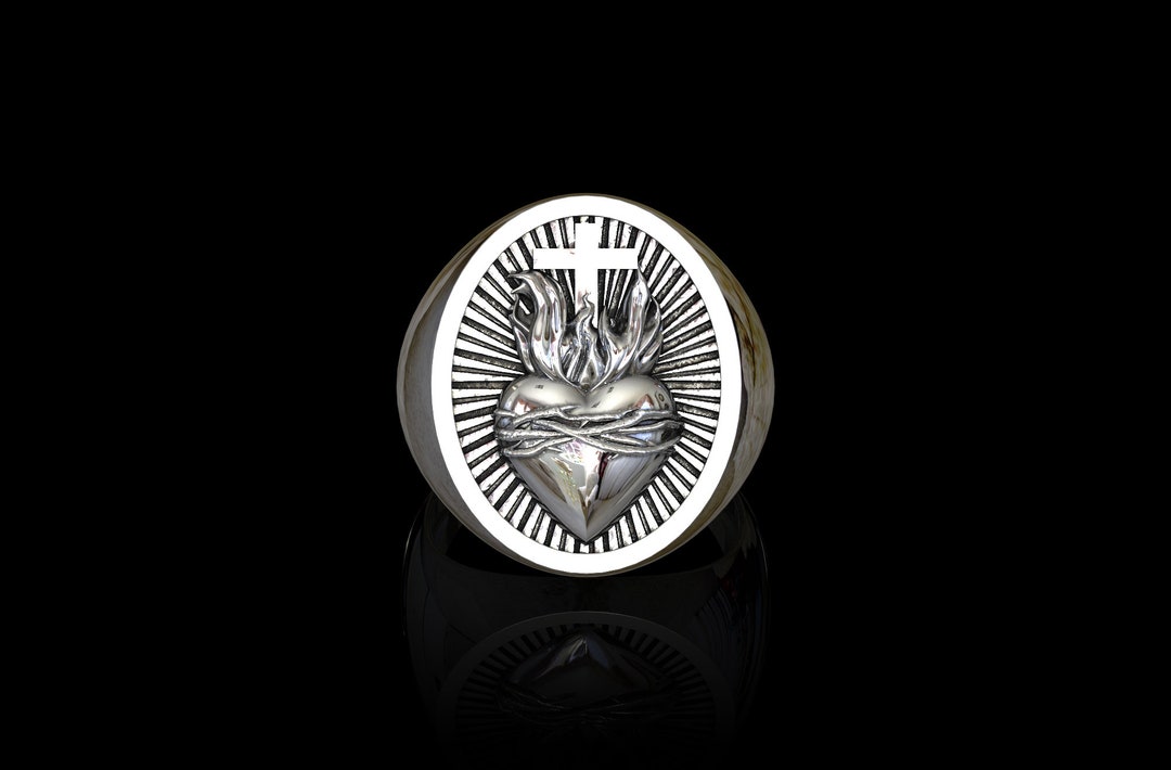 925 Sterling Silver Flaming Sacred Heart of Jesus Solid Ring, Cross ...