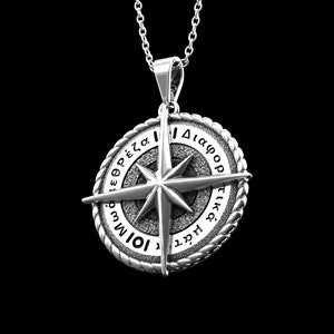 Sterling Silver Compass Mens Pendant Necklace, Engraved Compass ...