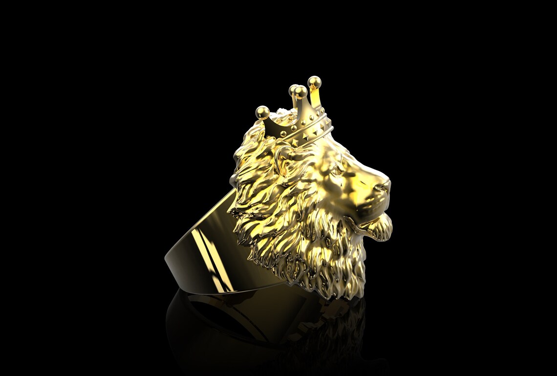 Yellow Gold Plated Crown Lion Calm Ring, Serene Lion Ring, Lion King ...