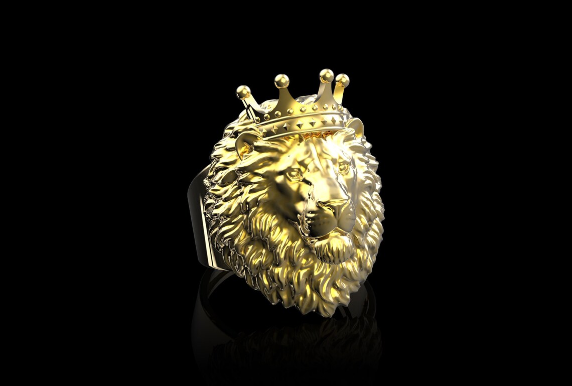 Yellow Gold Plated Crown Lion Calm Ring, Serene Lion Ring, Lion King ...