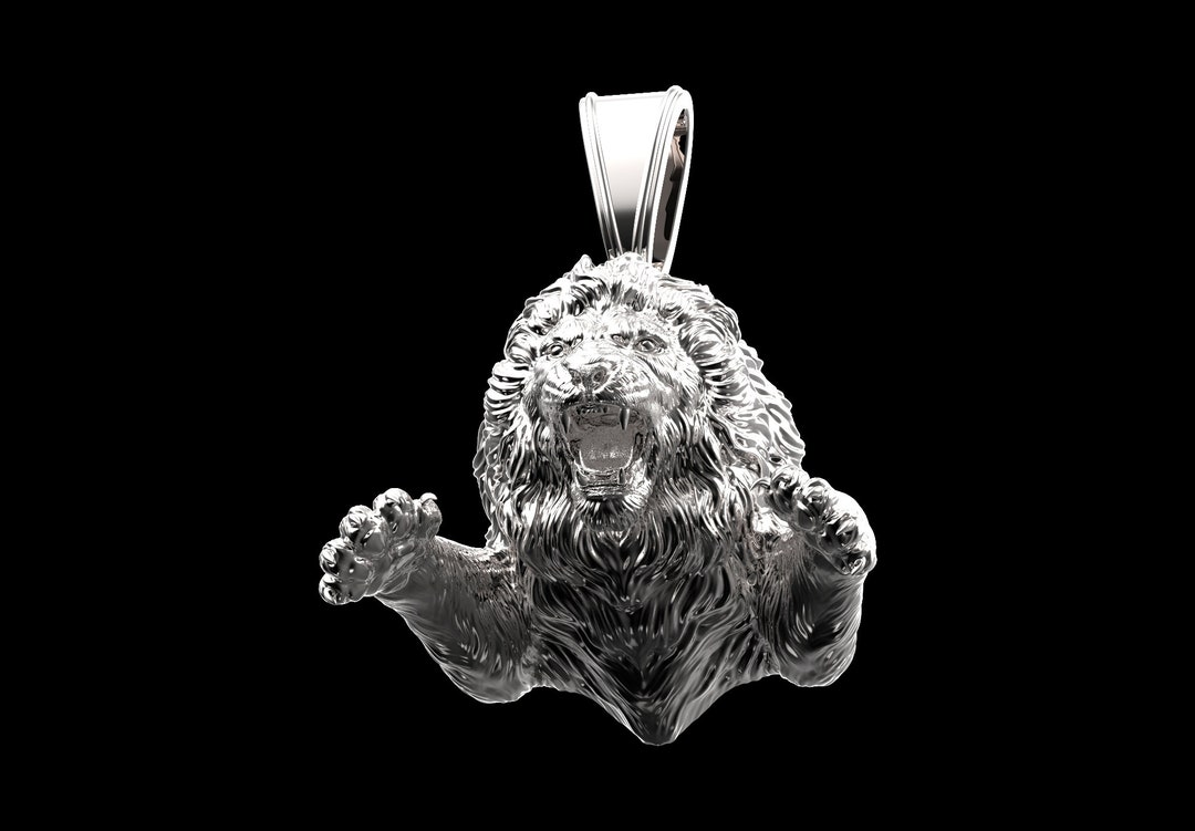 High-gloss Silver Leaping Lion Pendant, Lion Hunting Prey Necklace ...