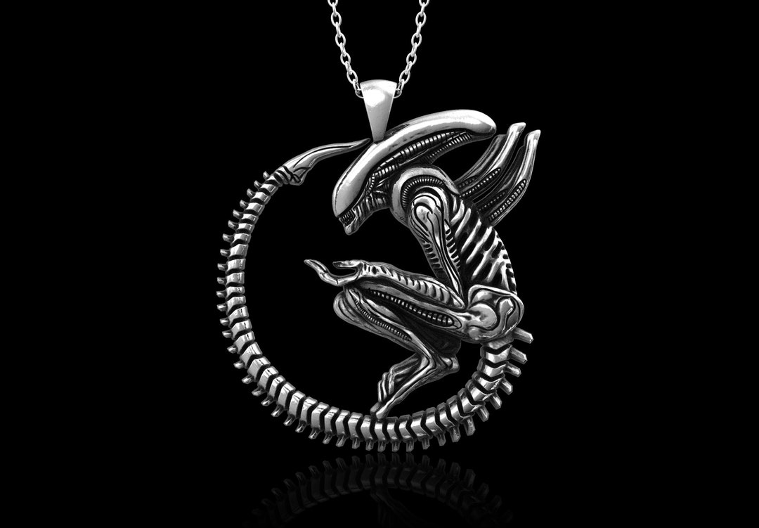 Sterling Silver Alien Xenomorph Necklace Pendant, H.R. Giger Inspired ...