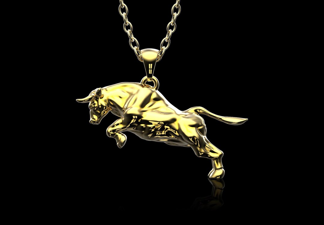 18K Gold Plated Charging Bull Pendant, Strong & Bold Animal Necklace ...