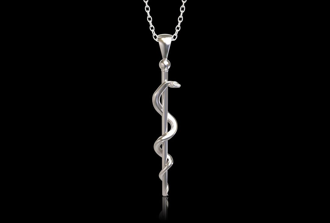 925 Silver Rod of Asclepius Small Pendant, Statue of Medical Symbol ...