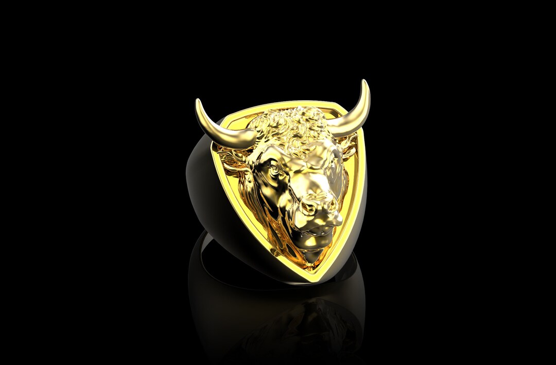 Yellow Gold Plated Bull Head Ring for Men, Taurus Bull Animal Ring ...
